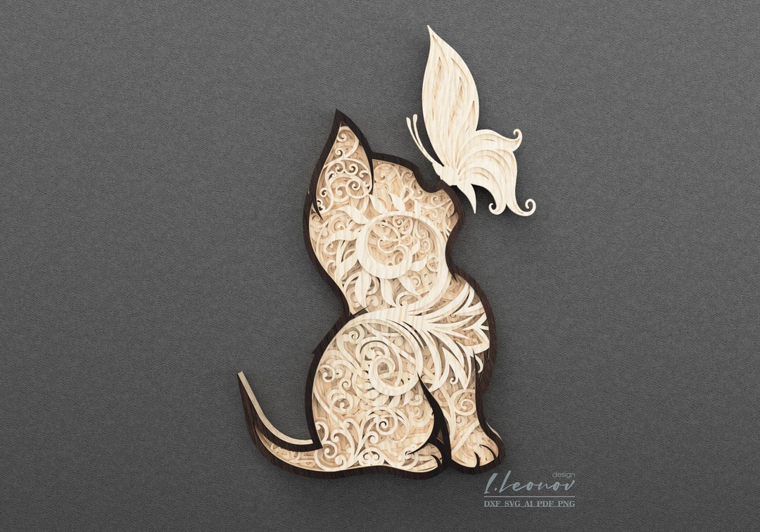 Cat With Butterfly Multilayer Project for Laser Cutting. Digital Layer ...