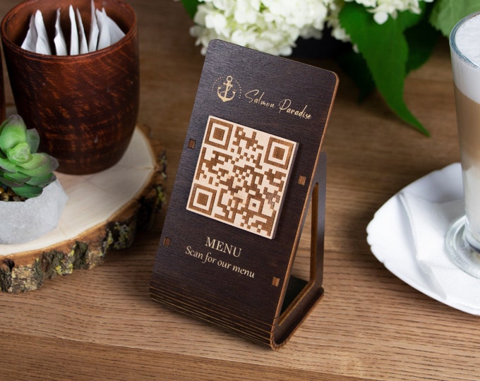 QR Code Menu Sign, Restaurant Menu, Wooden Table Menu, Scan for Menu ...