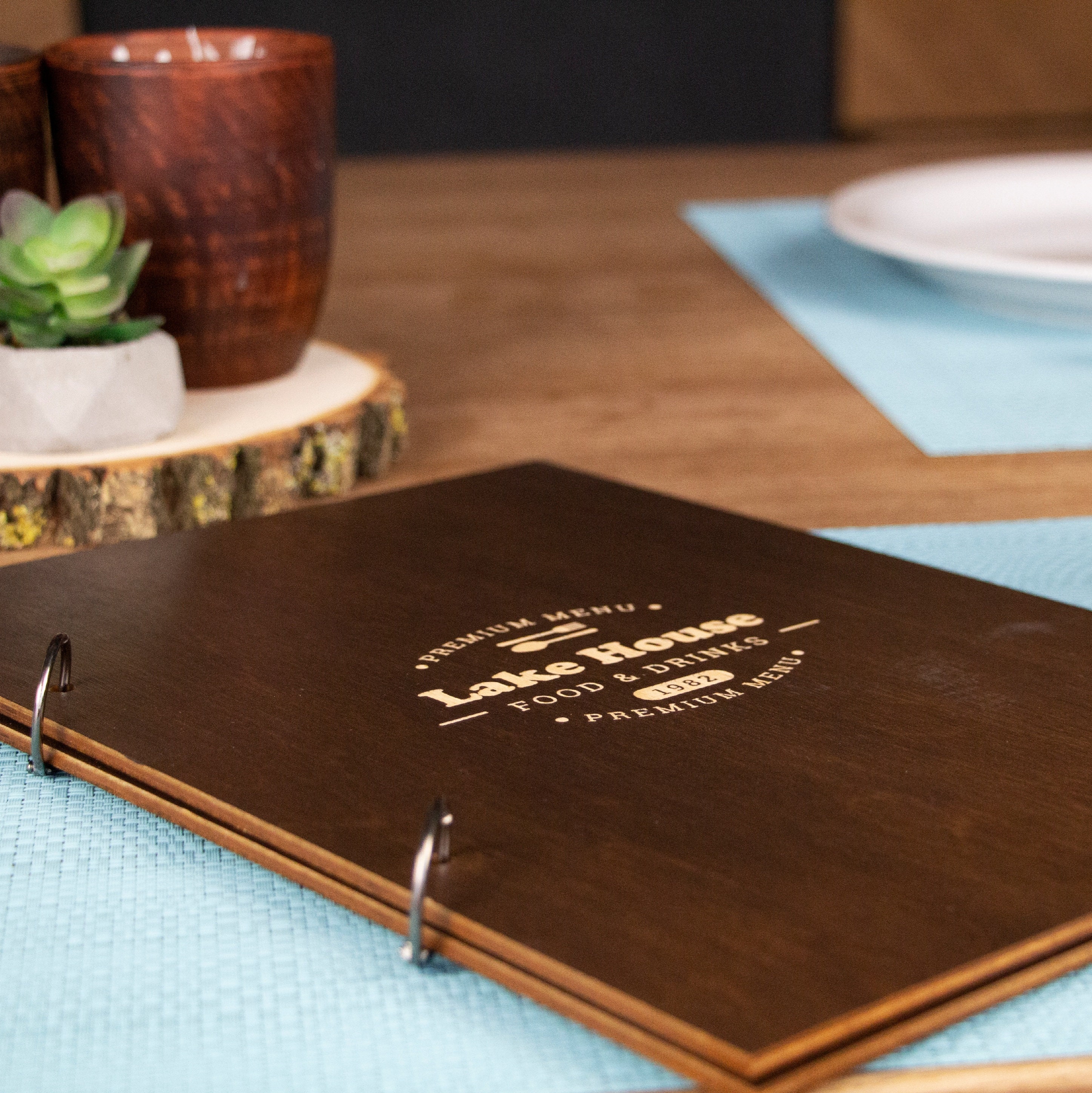 Wooden Menu Folder Logo Table Menu Holder on Rings Personalized Menu ...