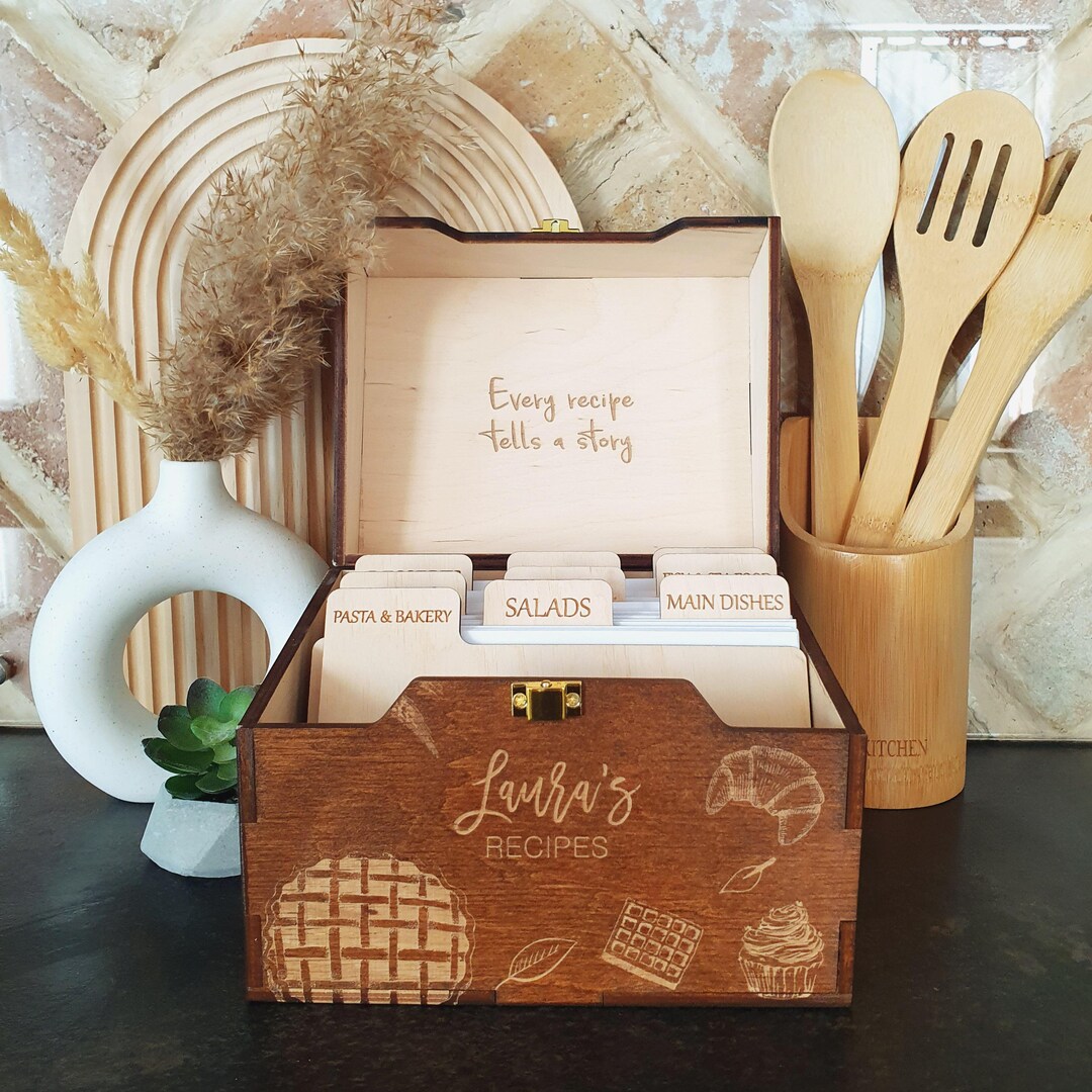 Custom Recipe Box 4x6, 5x7 Recipe Box With Dividers and Recipe Cards ...