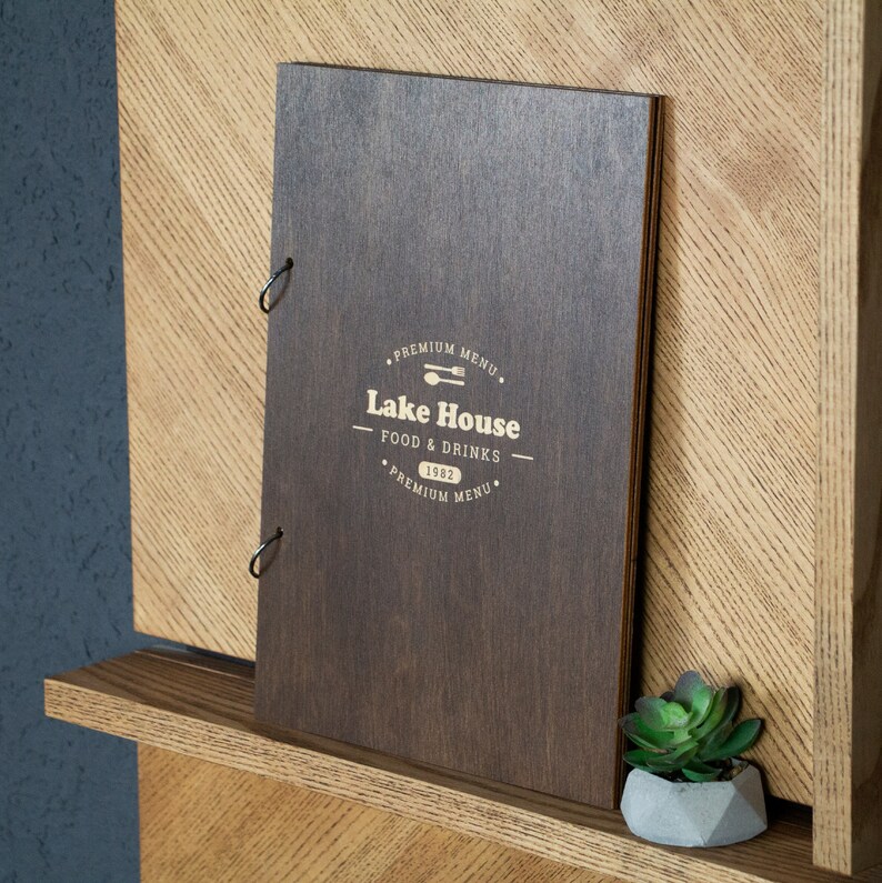 Wooden Menu Folder Logo Table Menu Holder on Rings Personalized Menu ...
