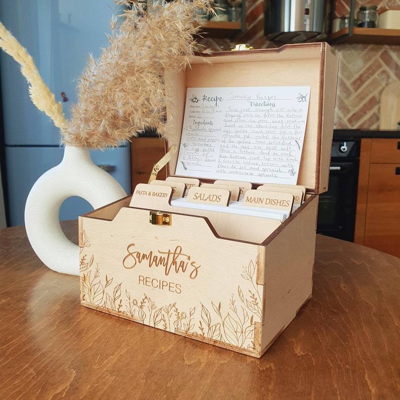 Custom Recipe Box Wooden Recipe Cards Holder With Recipe Dividers ...