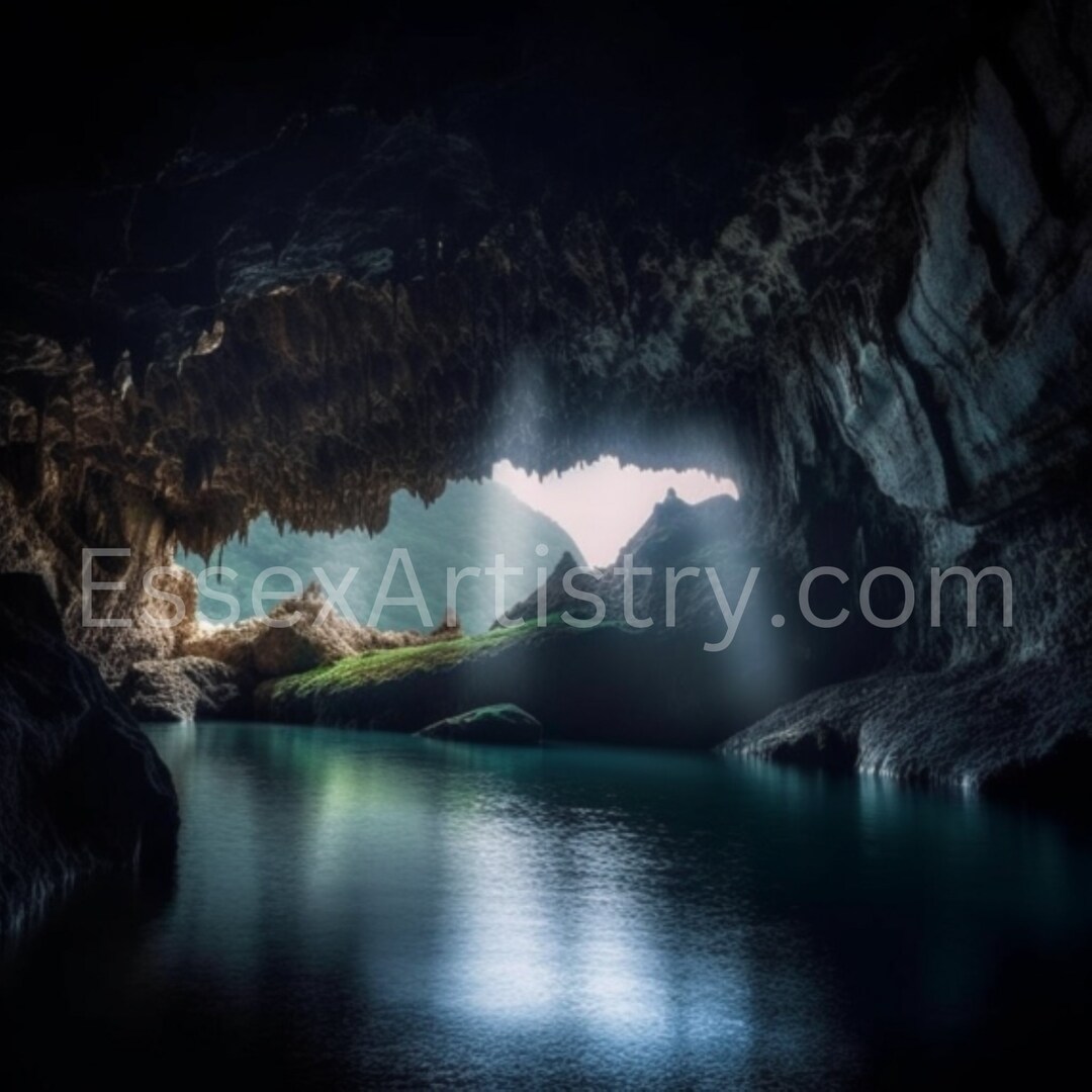 Cave Digital Art Scenery With Water, Forest and Sunshine Cave Landscape ...