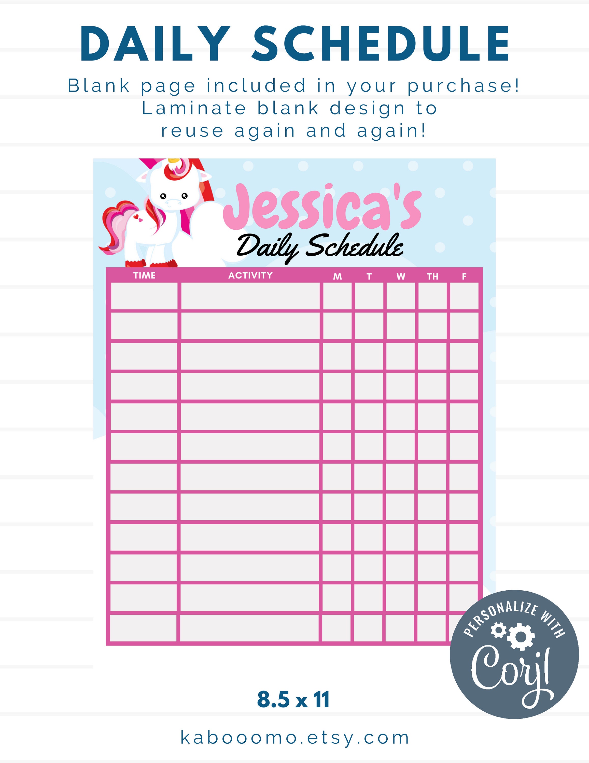 EDITABLE Unicorn daily schedule school kids task chore - Etsy 日本
