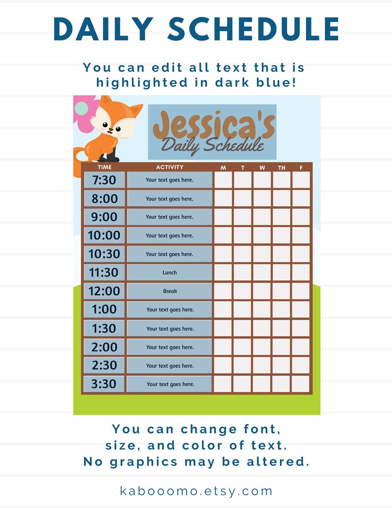 EDITABLE Woodland Fox Daily Schedule School Kids Task - Etsy