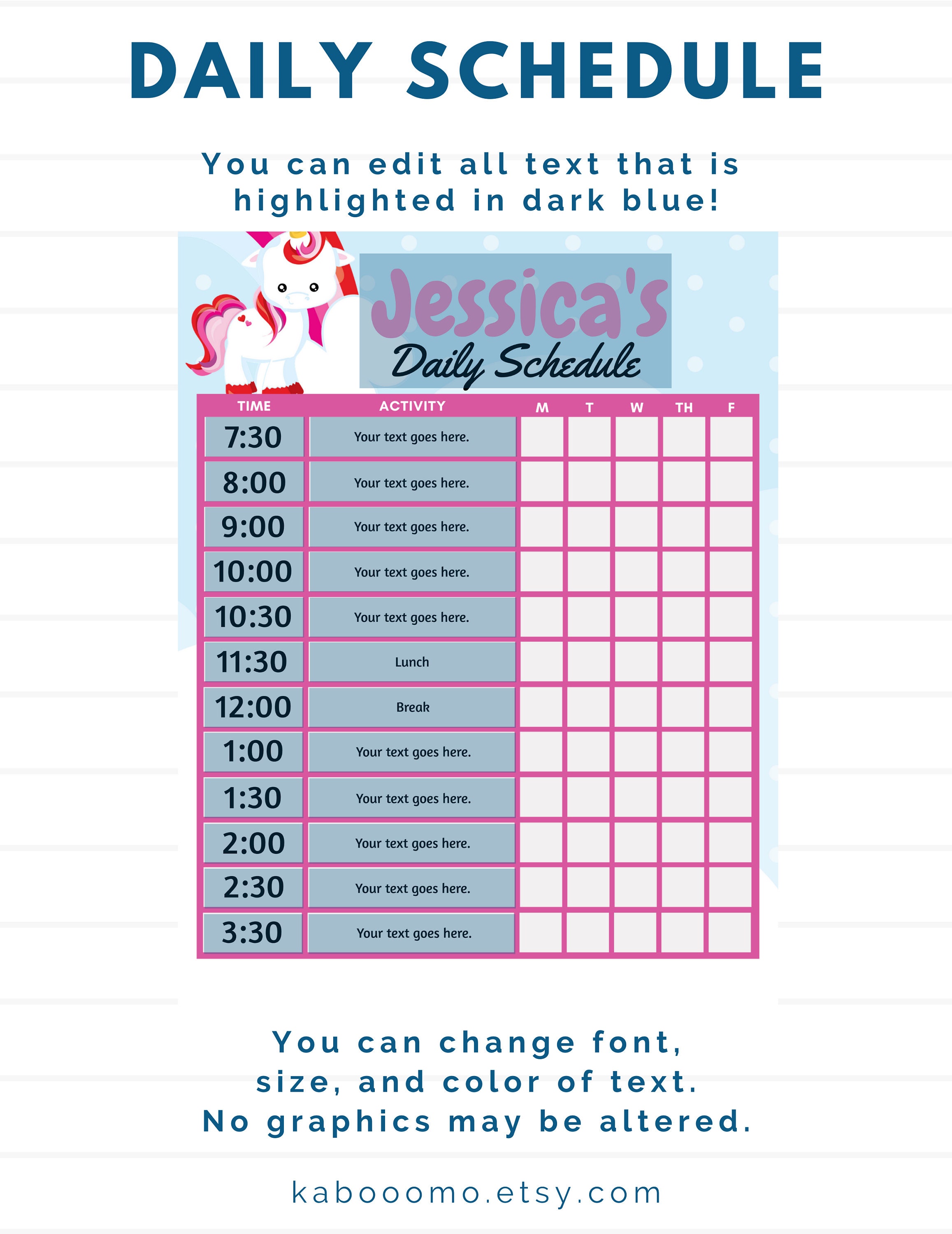 EDITABLE Unicorn daily schedule school kids task chore - Etsy 日本