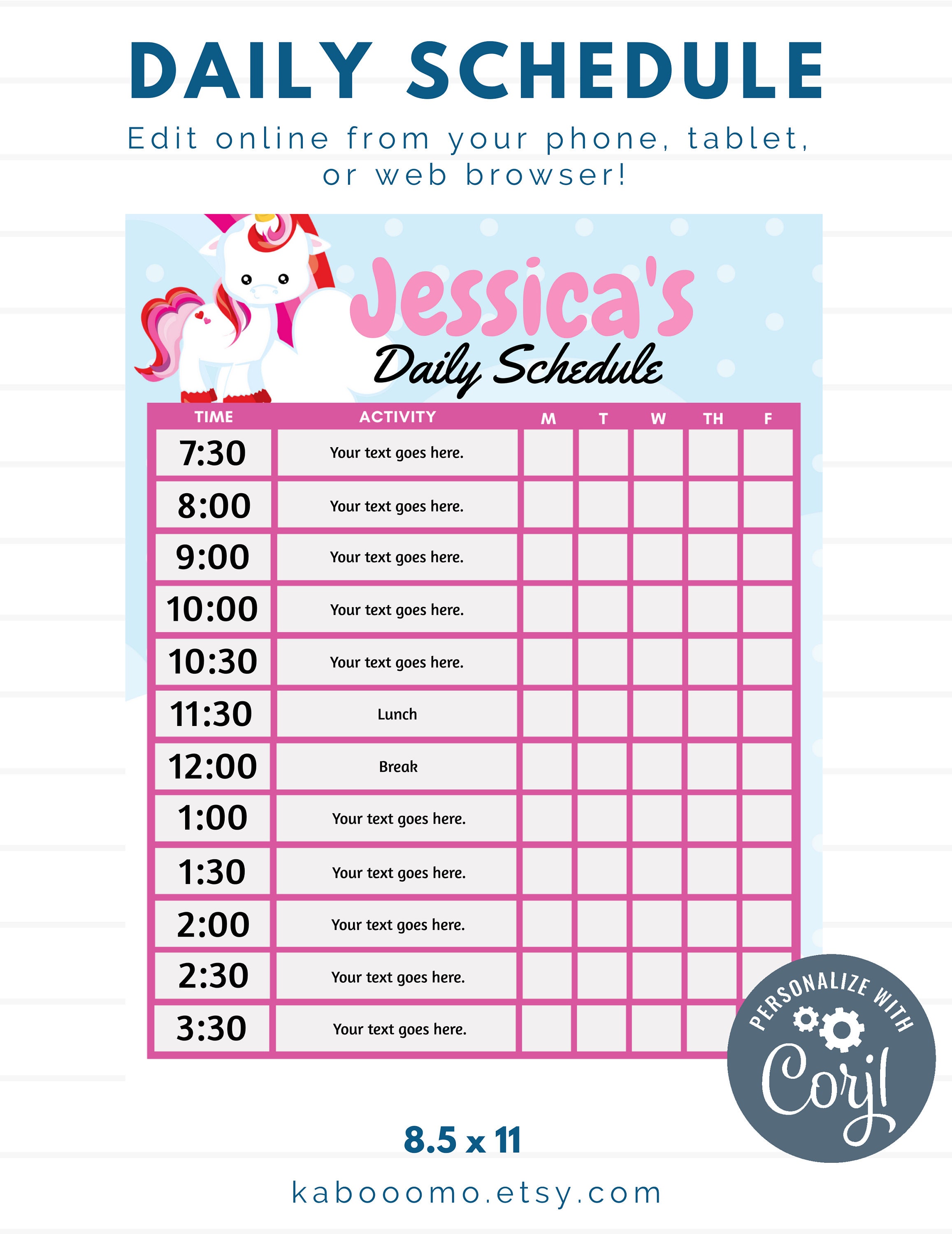 EDITABLE Unicorn daily schedule school kids task chore - Etsy 日本