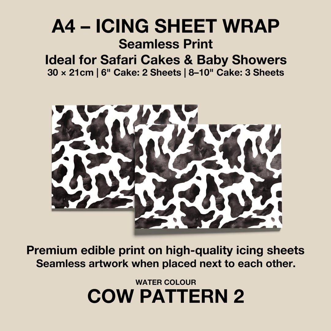 Watercolour COW Print Icing Sheet Wrap | A4 Edible Cake Wrap | Safari ...