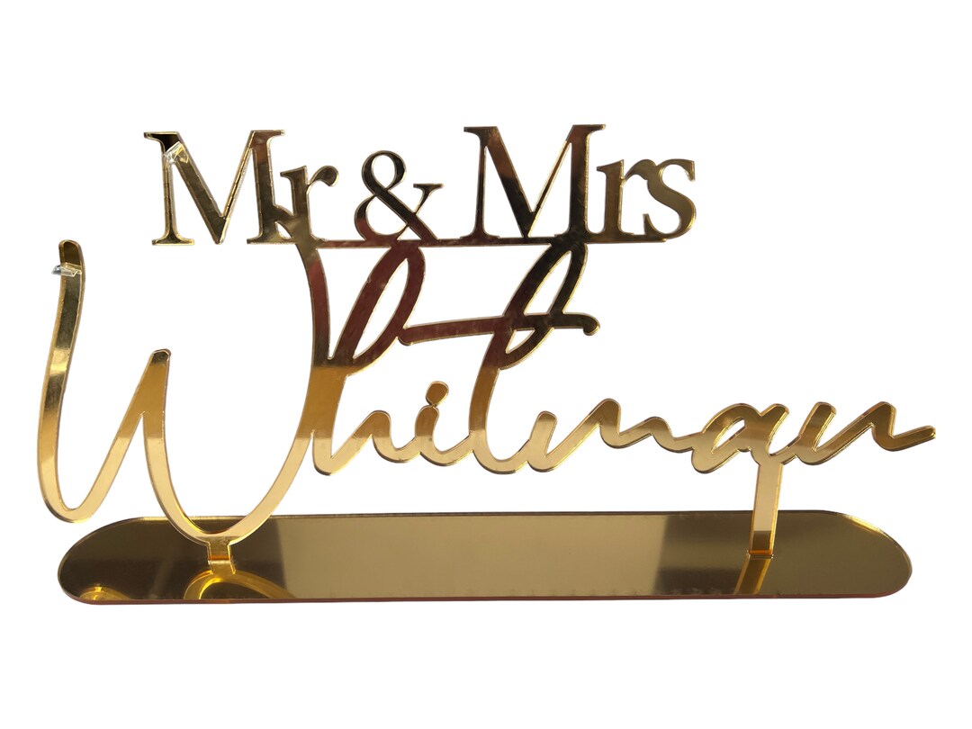 Large Gold Mirror Acrylic Wedding Name Stand Elegant Personalised Table ...
