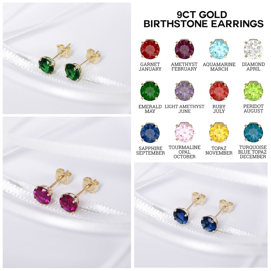 9ct Yellow Gold Birthstone Stud Earrings for Women Girls May | Etsy