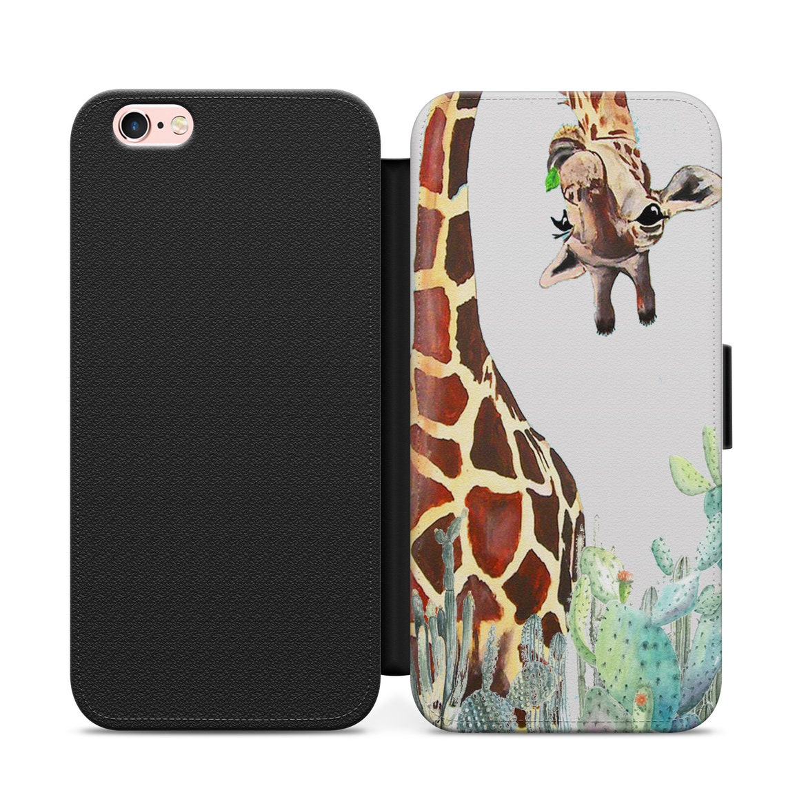 Giraffe Cactus Wild Animals Painting Wallet Phone Case Cover for iPhone ...