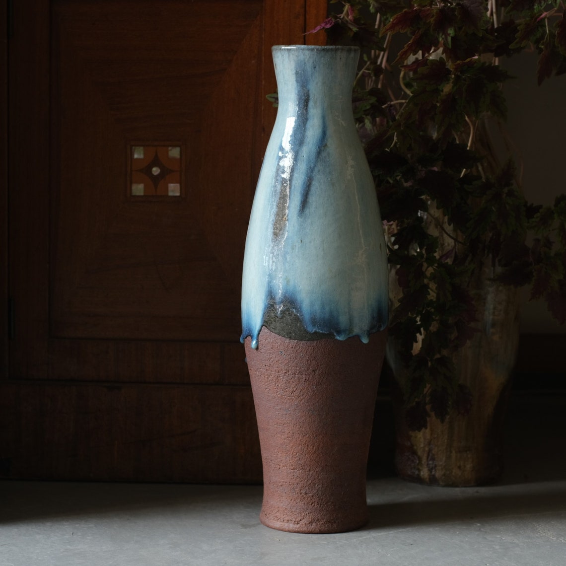 Big Woodfired Stoneware Vase. Blue Ash Glaze. Wood Fired Floor Vase ...