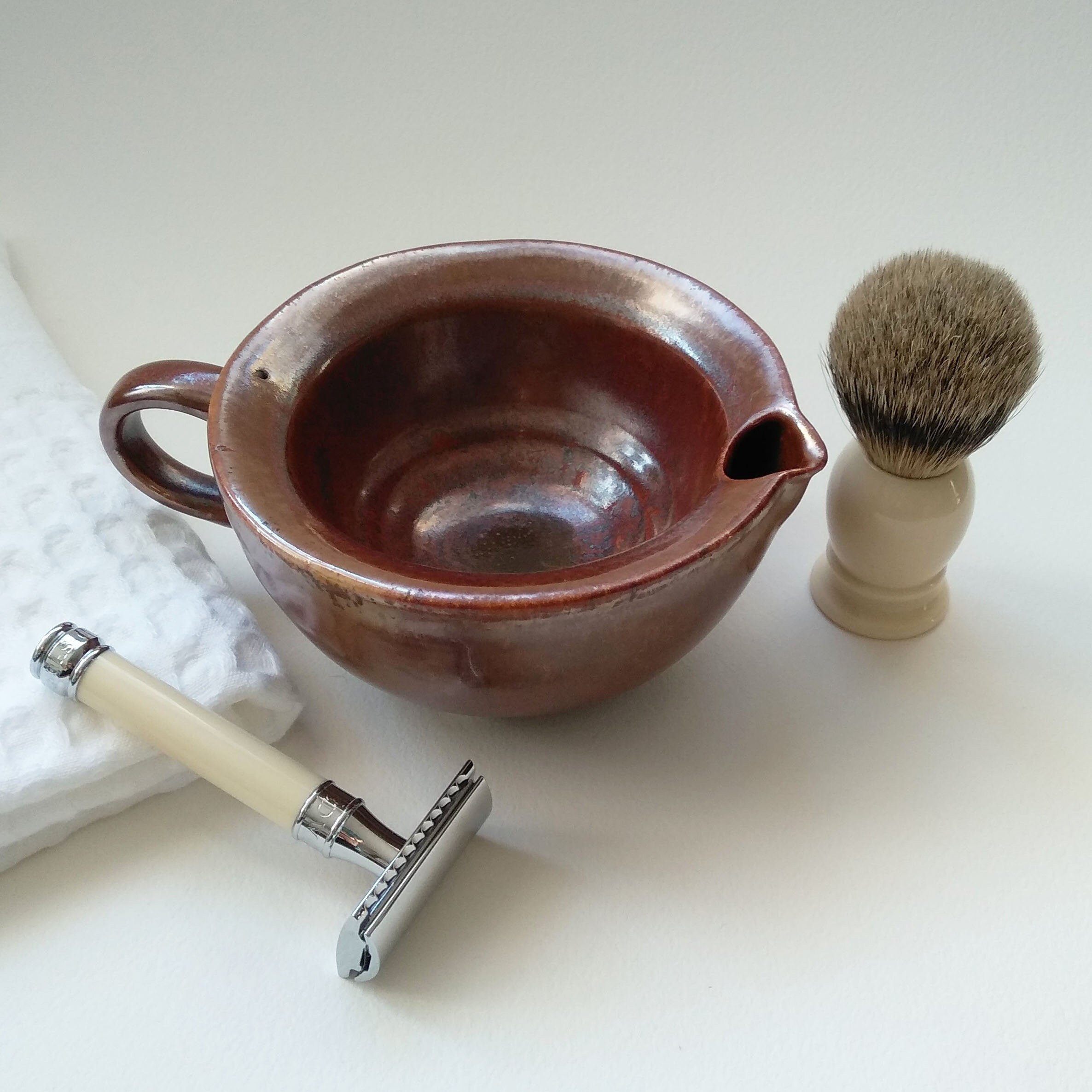 Woodfired Porcelain Shaving Scuttle. Brown Red Ceramic Shaving Bowl for ...