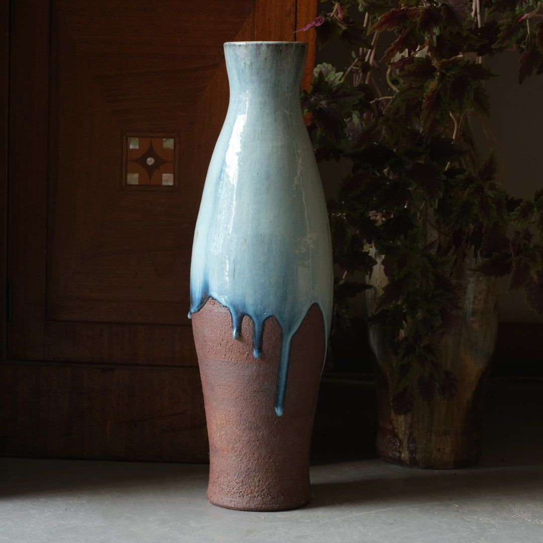 Big Woodfired Stoneware Vase. Blue Ash Glaze. Wood Fired Floor Vase ...