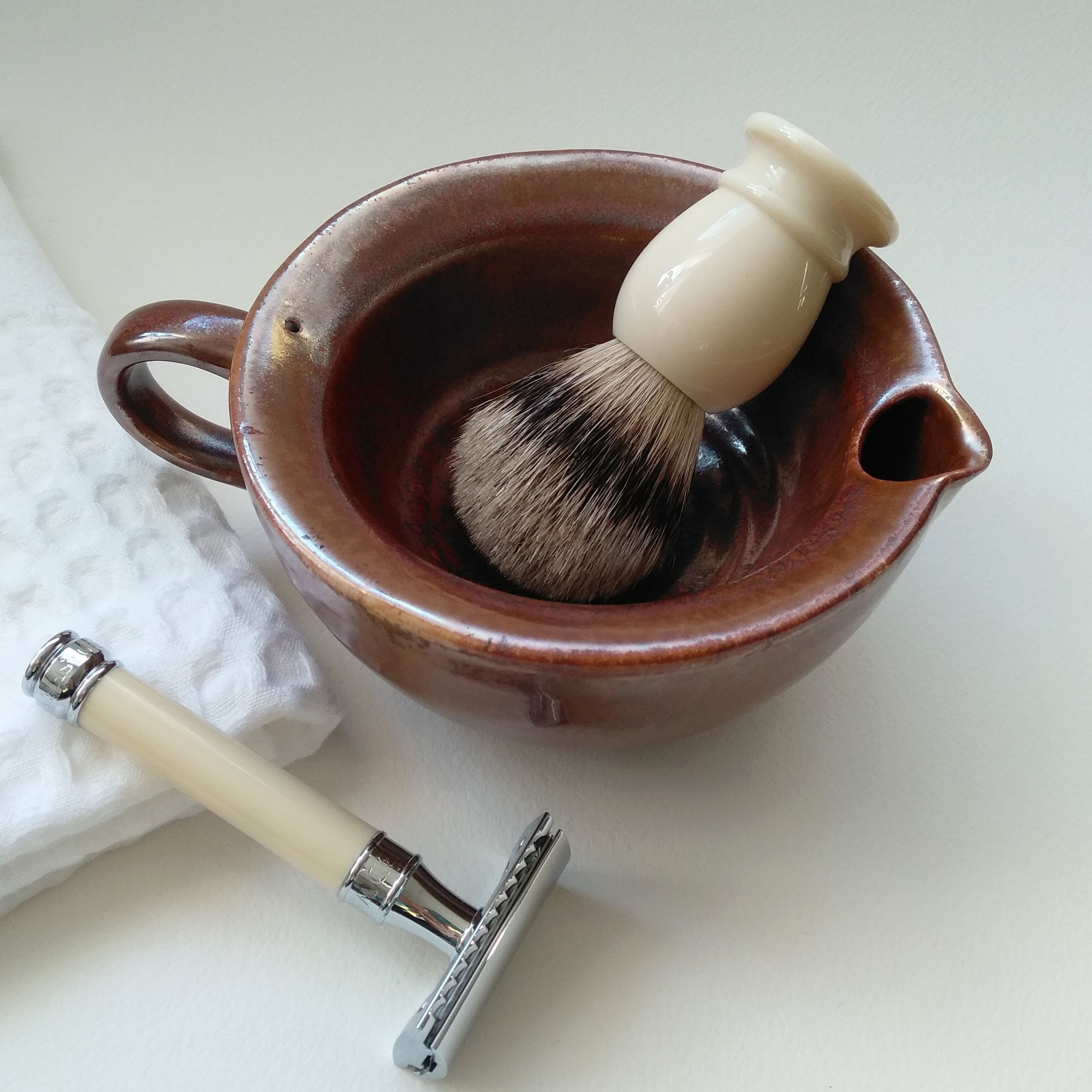 Woodfired Porcelain Shaving Scuttle. Brown Red Ceramic Shaving Bowl for ...