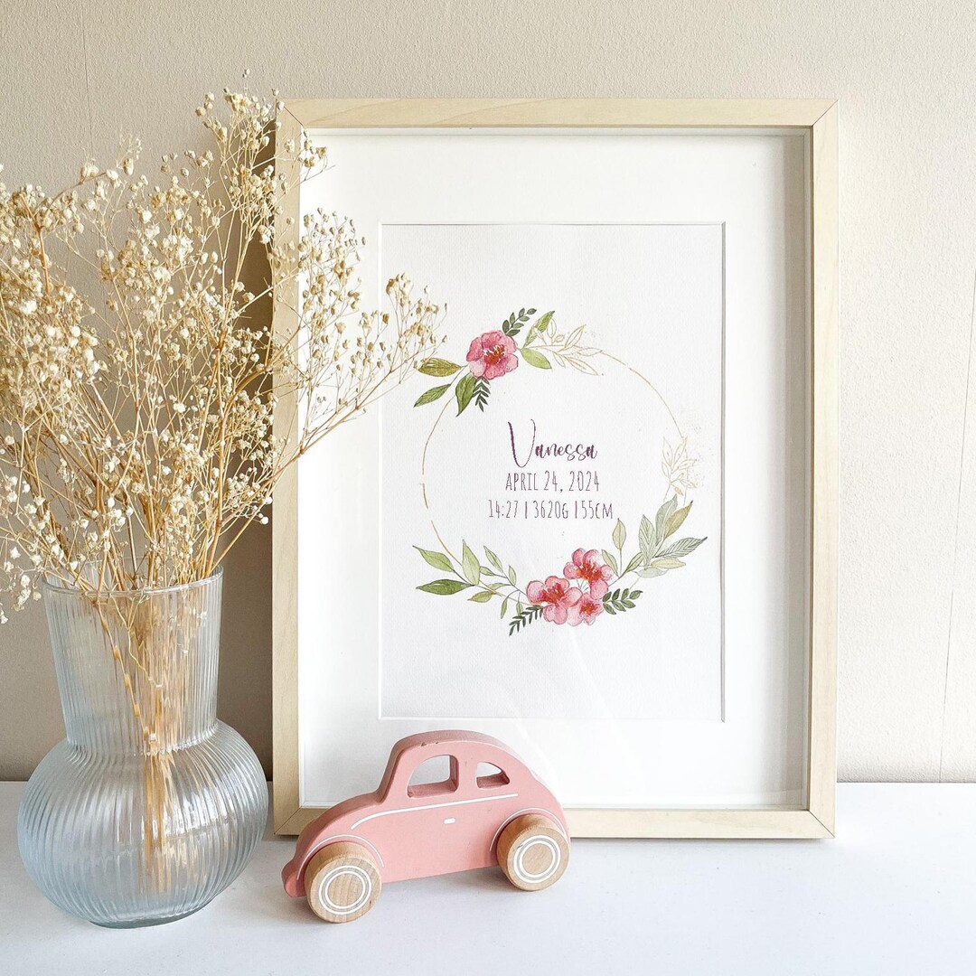 Personalized Birth Poster With a Wreath of Wild Pink Flowers, Boho ...