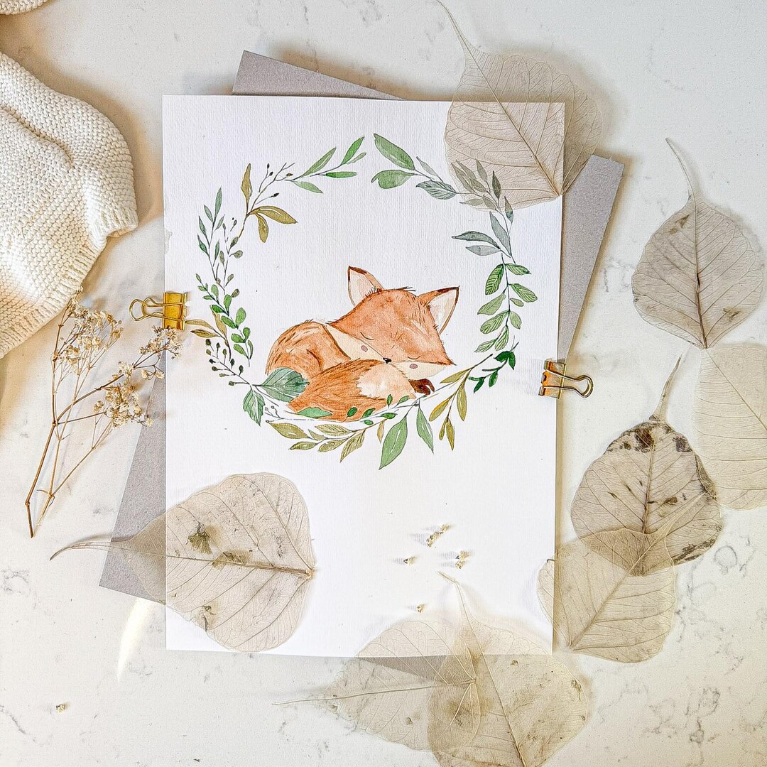 Personalized Baby Fox Birth Announcement Hand-painted Watercolor ...