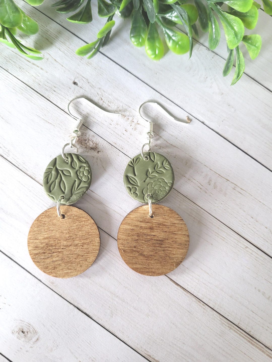Floral Olive Green Polymer Clay Earrings: Wood Accent, Handmade. - Etsy