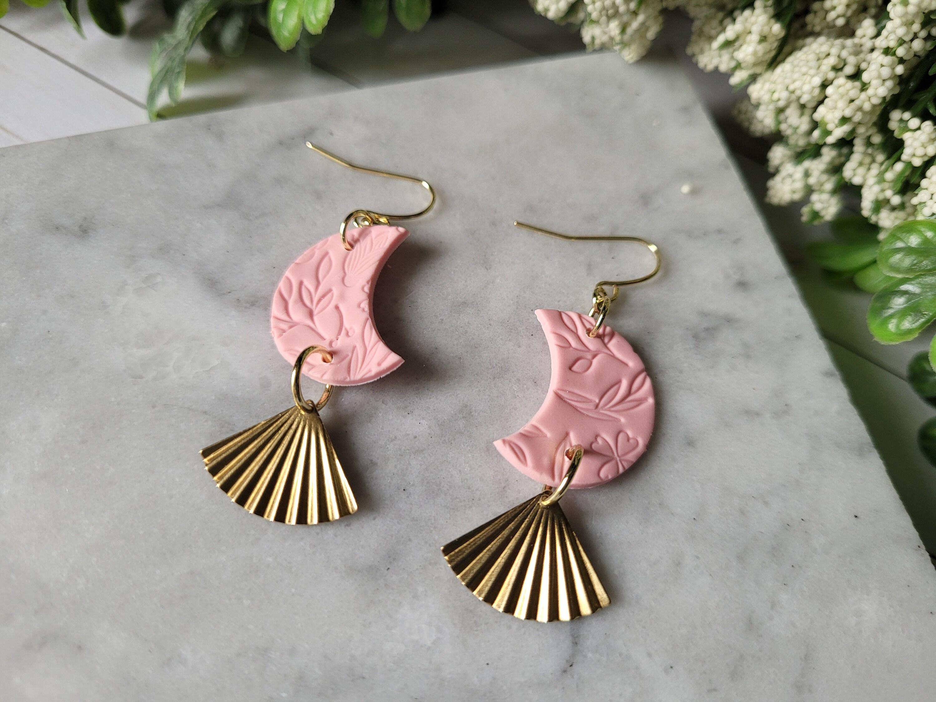 Pink and Gold Floral Crescent Moon Earrings