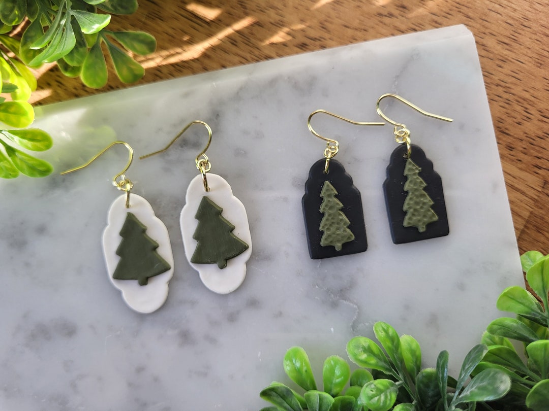 Handmade Pine Tree Clay Christmas Earrings - Festive White and Black ...