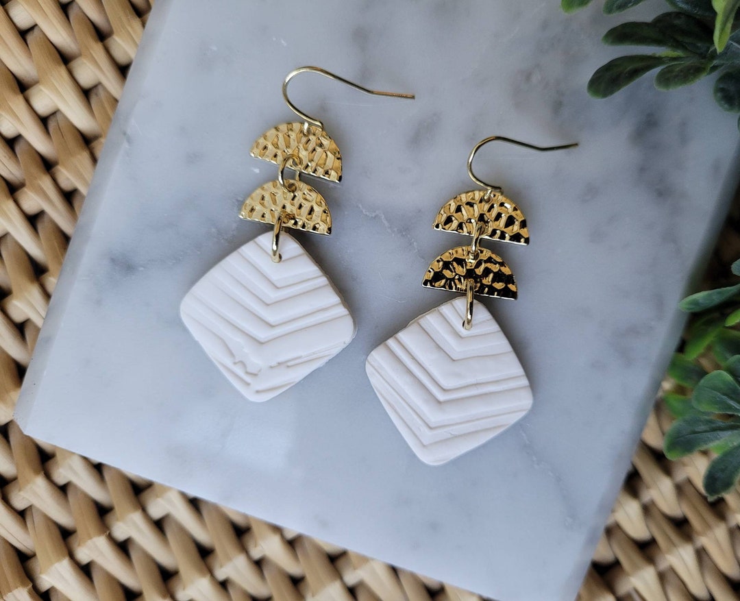 White and Gold Chevron Polymer Clay Earrings Bridal & Formal Jewelry - Etsy
