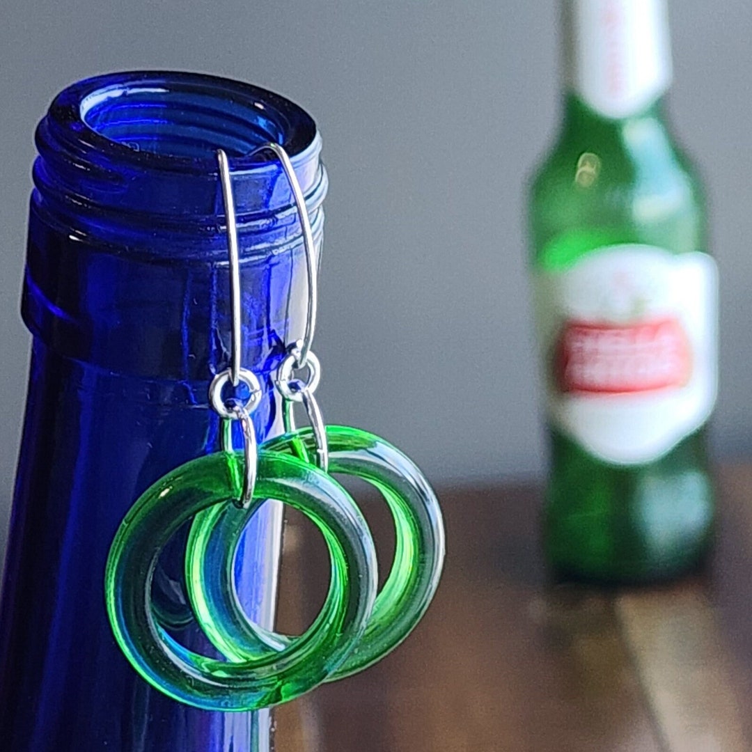 Beer Earrings | Upcycled Stella Artois Bottle | Green Hoops | Sterling ...