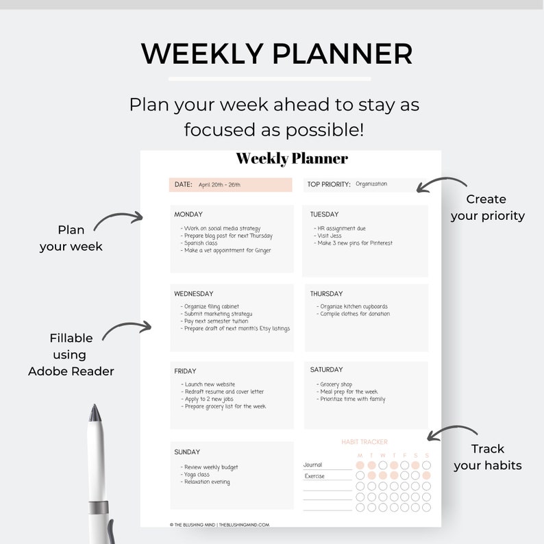 Daily & Weekly Fillable Planner: Printable PDF Fillable PDF | Etsy