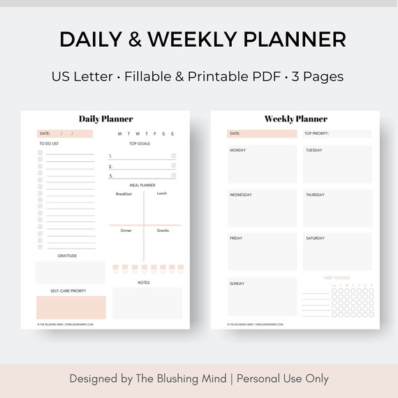 Daily & Weekly Fillable Planner: Printable PDF Fillable PDF - Etsy Canada