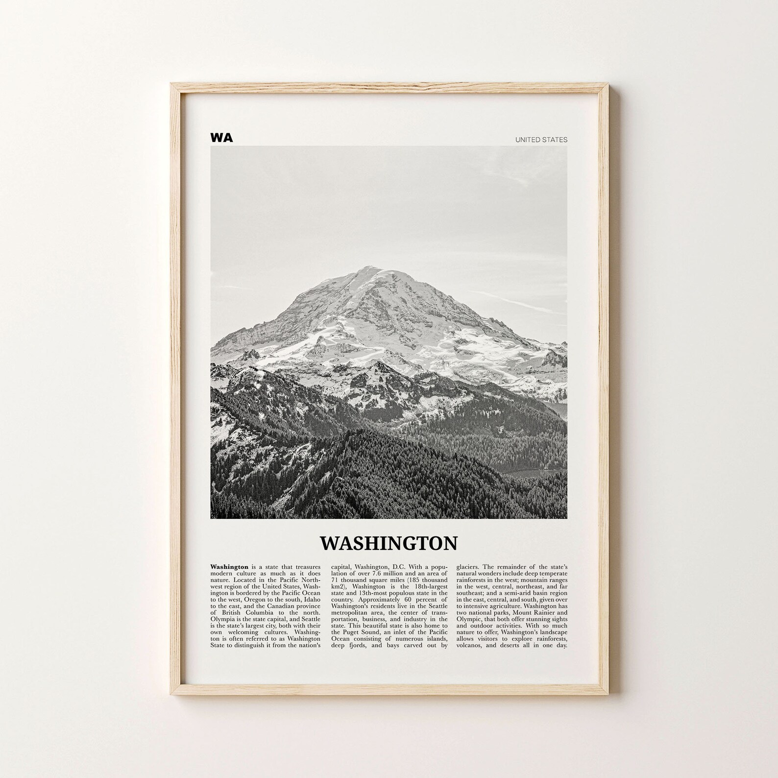 Washington State Print Black and White Mountain Washington | Etsy