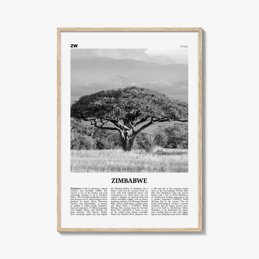 Zimbabwe Poster Print Black and White, Africa Travel Wall Art, Savanna ...