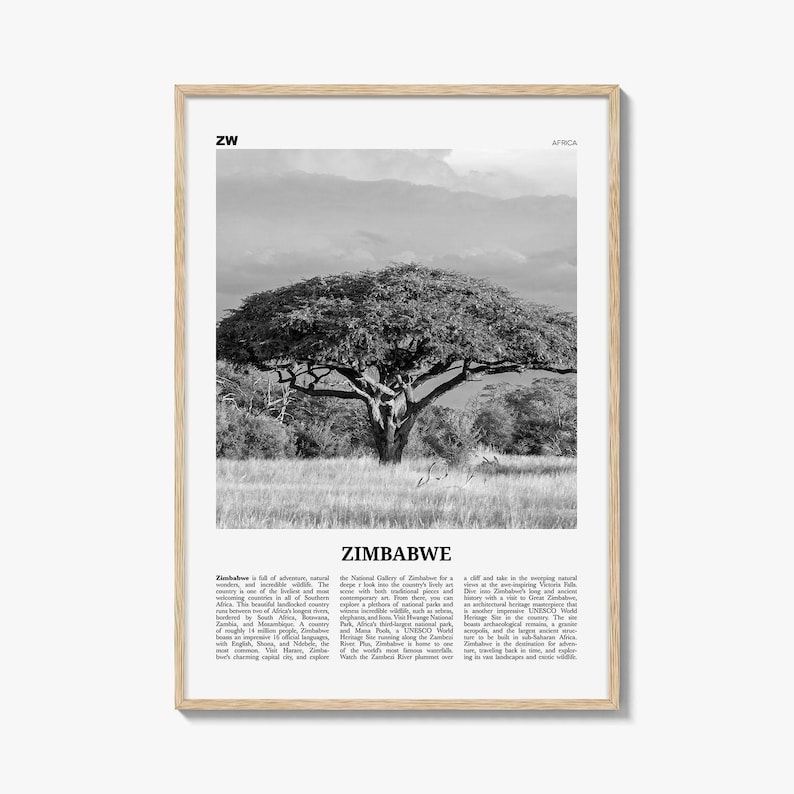 Zimbabwe Poster Print Black and White, Africa Travel Wall Art, Savanna ...