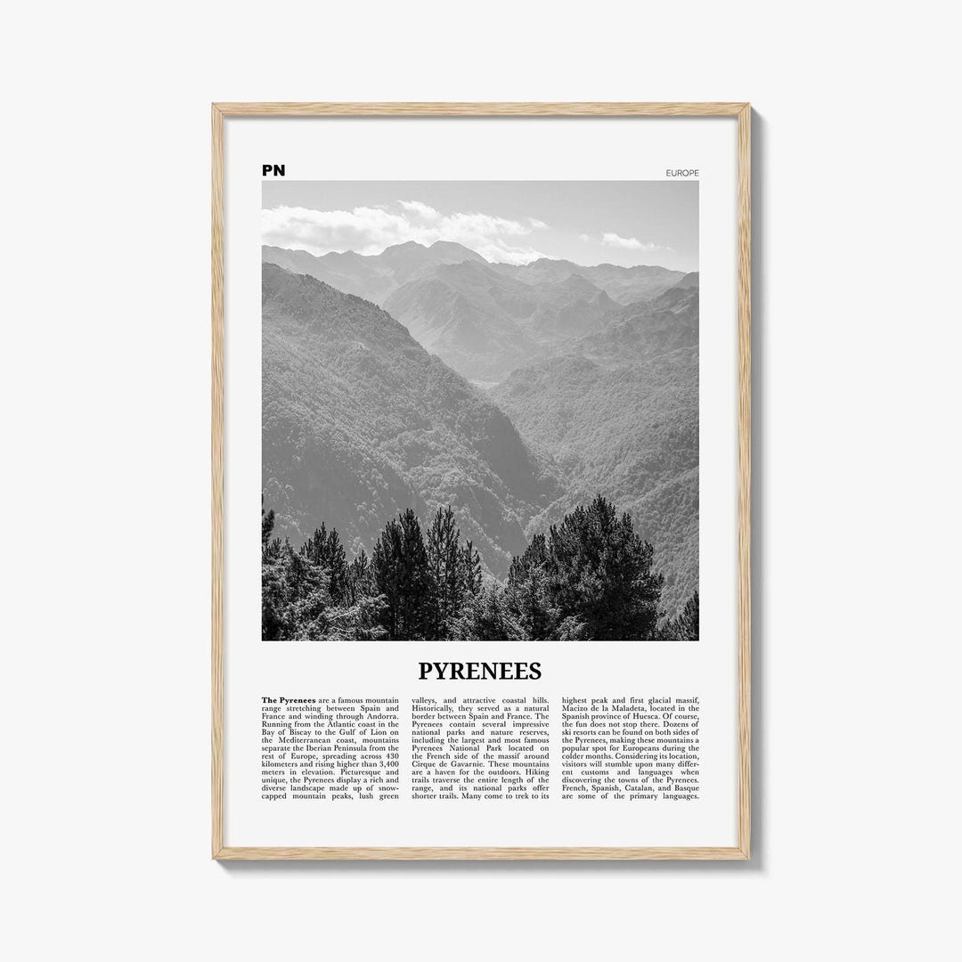 Pyrenees Poster Print Black and White, Europe Travel Wall Art, Mountain ...