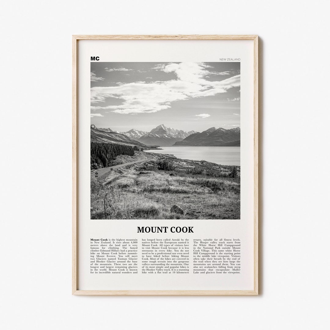 Mount Cook Print Black and White, Mount Cook Wall Art, Mount Cook ...
