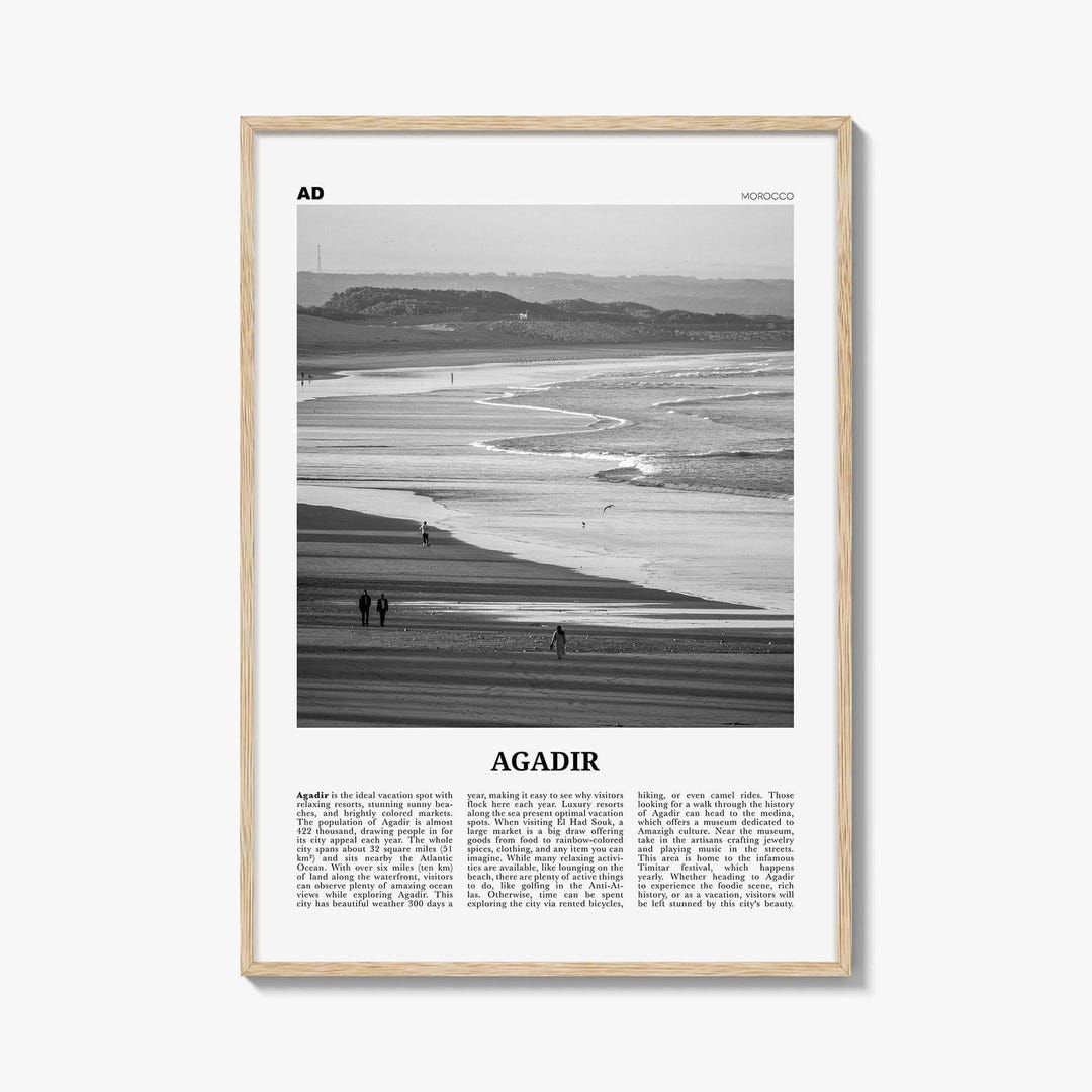 Agadir Poster Schwarz und Weiß, Marokko Reise Wandkunst, Strandansicht ...