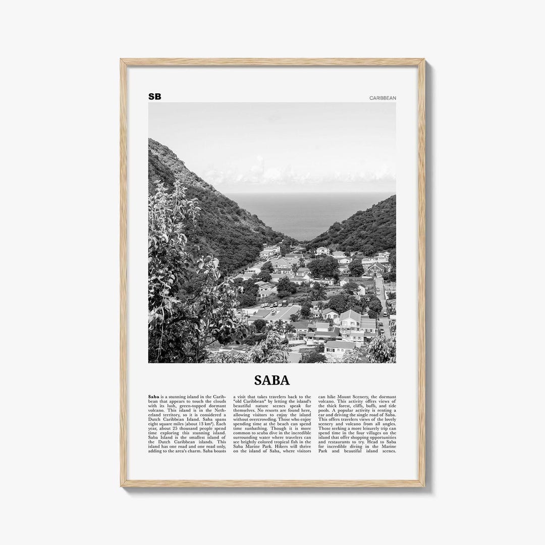 Saba Poster Print Black and White, Caribbean Travel Wall Art, Island ...