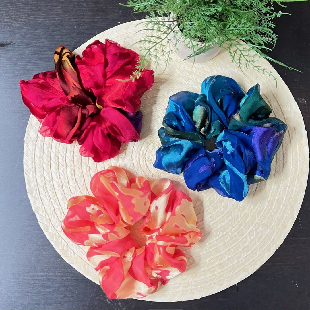 Hand Dyed Silk Scrunches, Large Devore Satin Hair Scrunches, Soft ...