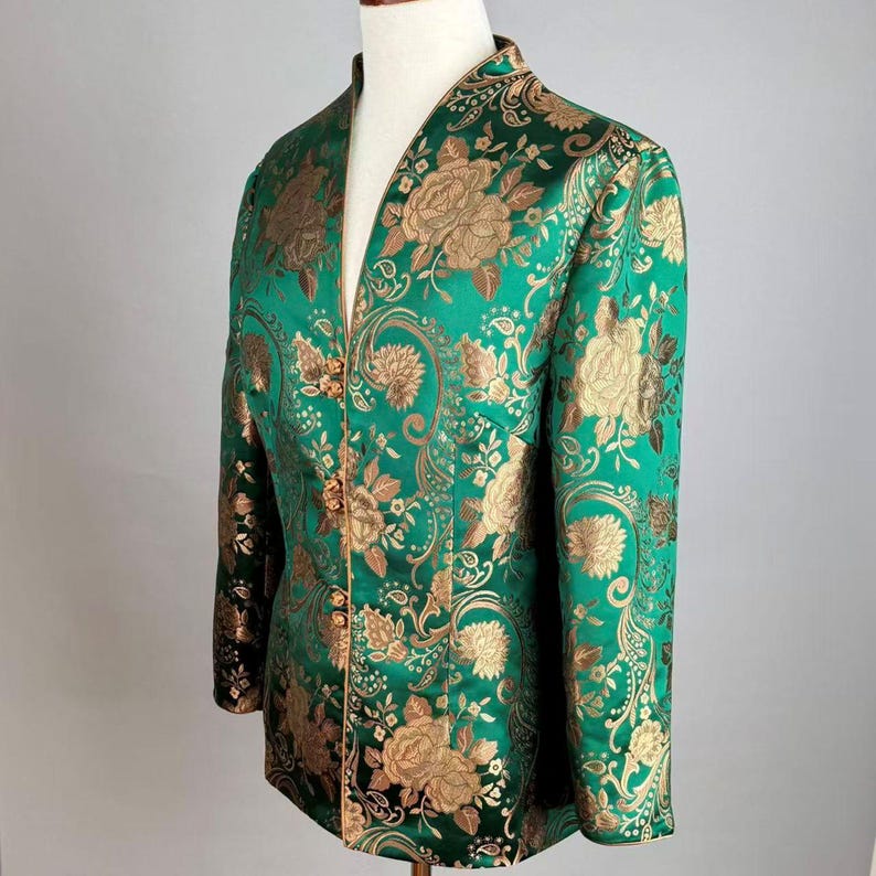 Women's Jacket With Frog Knot Closures, Floral Peony Pattern, Formal ...