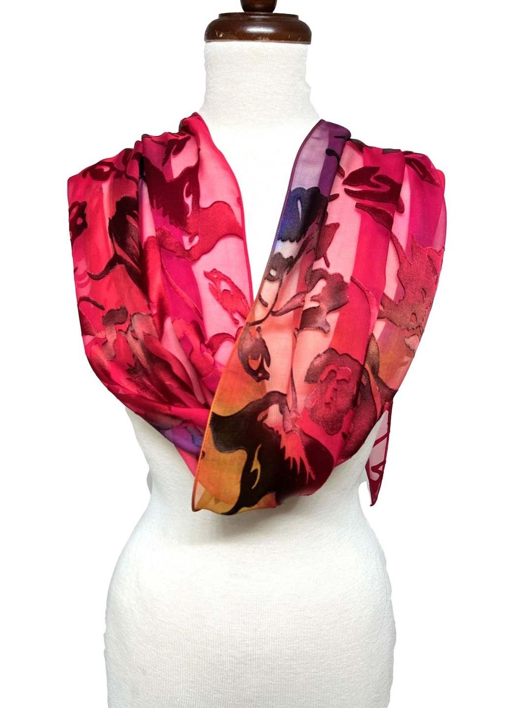 Deep Red Silk Scarf Hand Painted Devore Satin Scarf Hand - Etsy