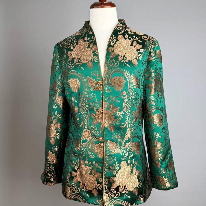 Women's Jacket With Frog Knot Closures, Floral Peony Pattern, Formal ...