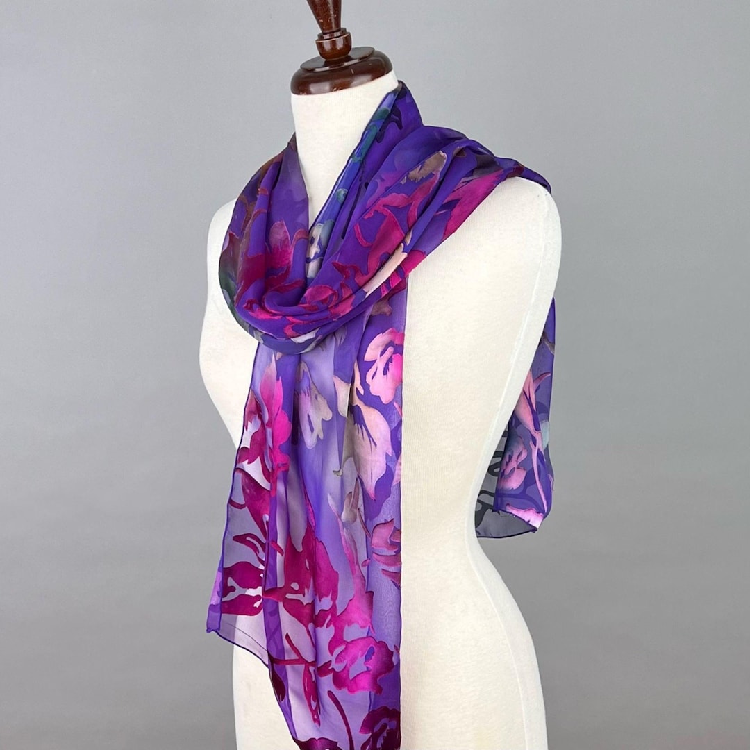 Hand Painted Silk Scarf, Purple Fuchsia Floral Long Satin Neckwear ...