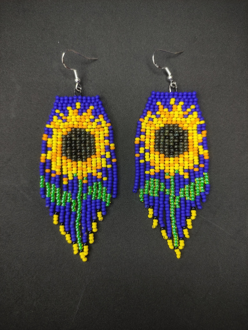 Sunflowers Beaded Earrings Long Fringe Floral Beadwork - Etsy