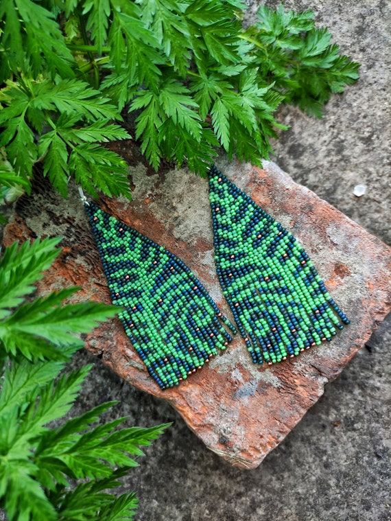 Ferns Beaded Earrings Seed Bead Beadwork Fringe Beadwork | Etsy