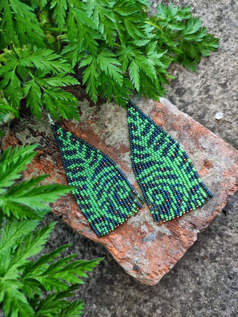 Ferns Beaded Earrings Seed Bead Beadwork Fringe Beadwork - Etsy