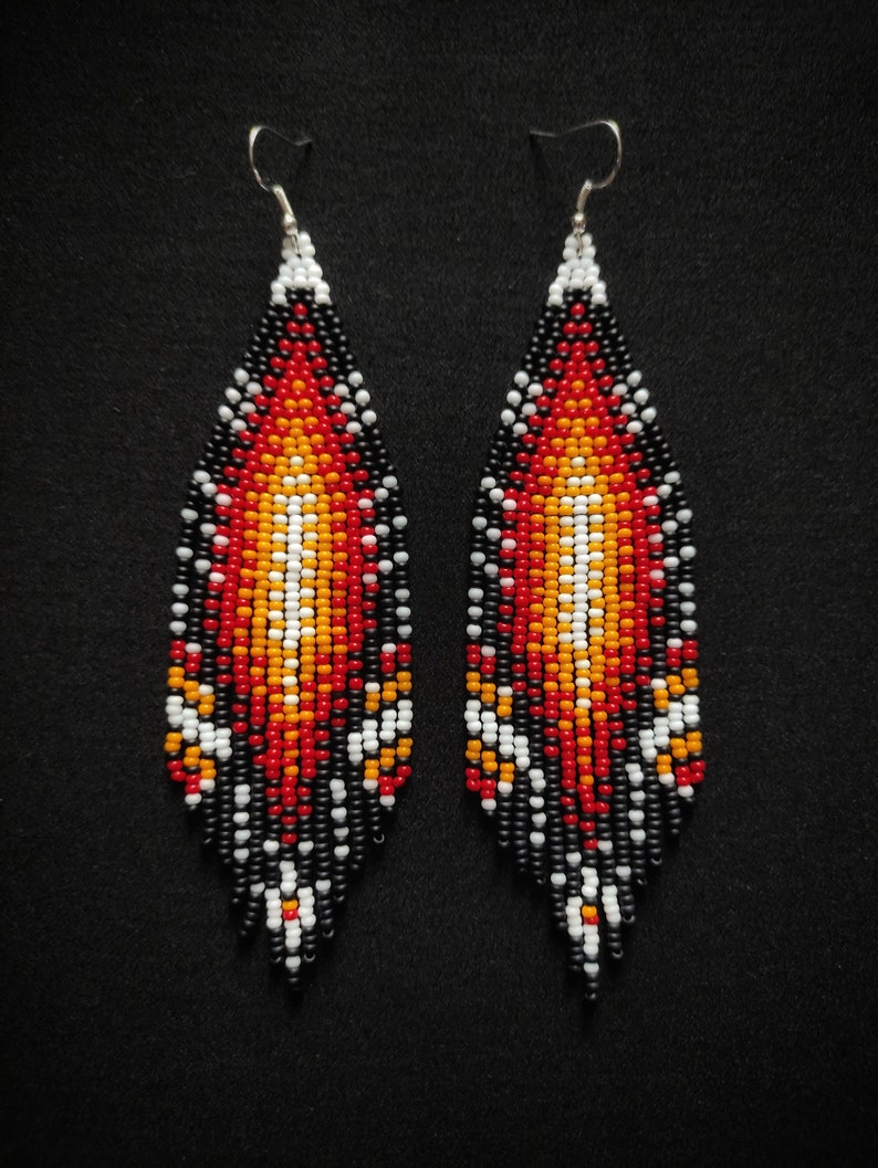 Fire Beaded Earrings Seed Bead Beadwork Fringe Long Tassel | Etsy