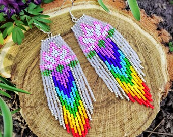 Fire Beaded Earrings Seed Bead Beadwork Fringe Long Tassel | Etsy