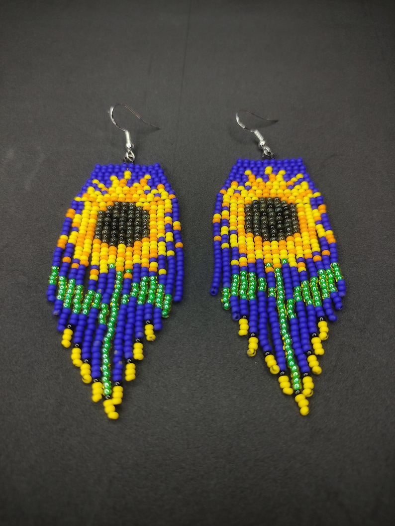 Sunflowers Beaded Earrings Long Fringe Floral Beadwork - Etsy