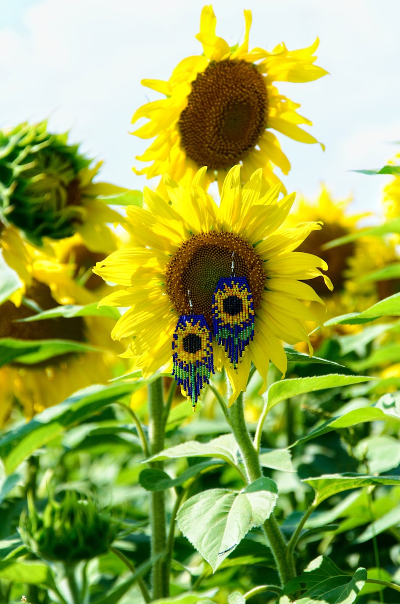 Sunflowers Beaded Earrings Long Fringe Floral Beadwork - Etsy