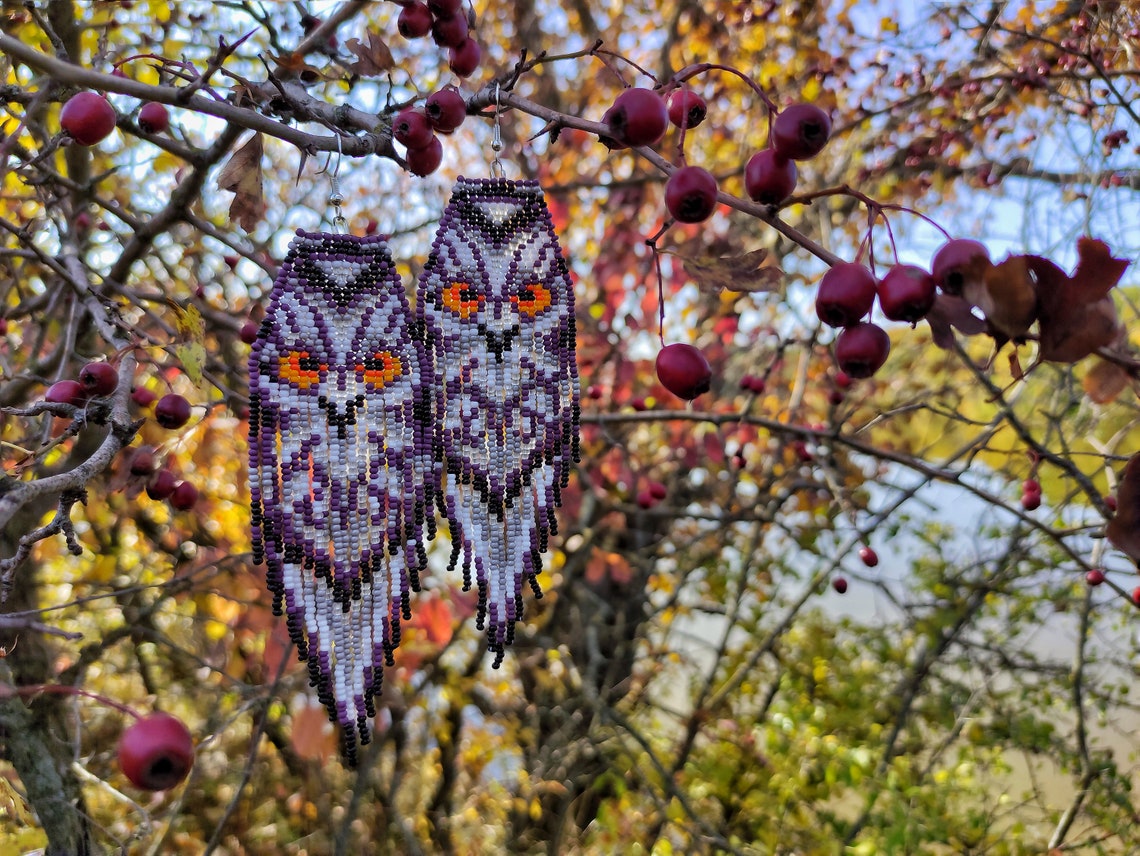 Night Owl Beaded Earrings Seed Bead Beadwork Fringe Seed Bead - Etsy