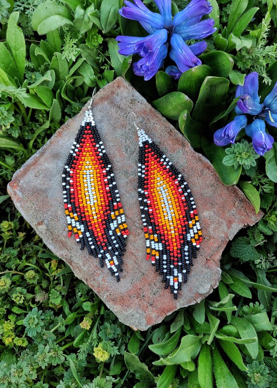 Fire Beaded Earrings Seed Bead Beadwork Fringe Long Tassel | Etsy