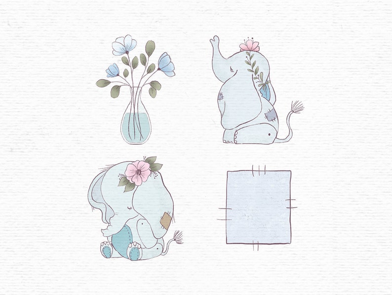 Digital hand drawn baby elephant clipart in blue. Rustic | Etsy